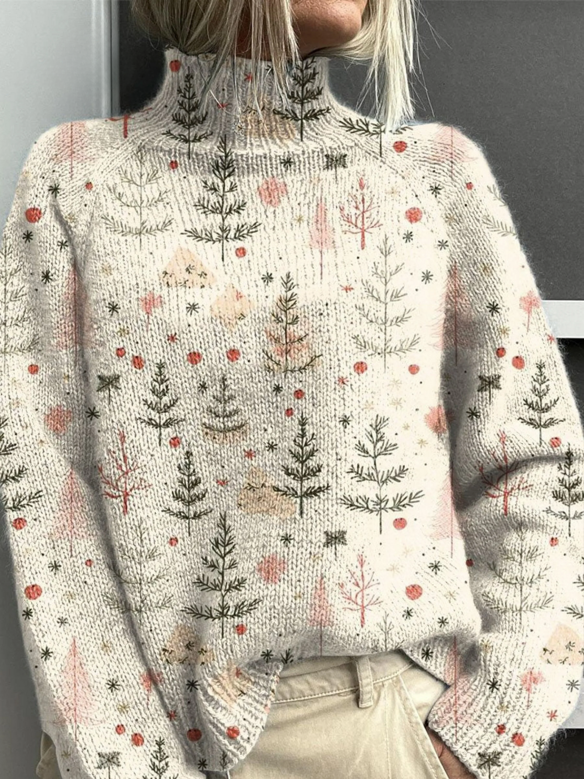 Edna | Christmas tree print turtleneck sweater – Ava & June